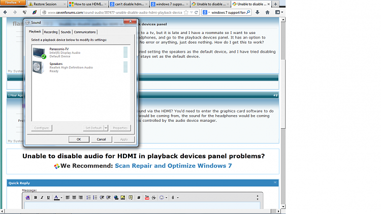 Unable to disable audio for HDMI in playback devices panel - Windows 7 ... Unable to disable audio for HDMI in playback devices panel - Windows 7 ...