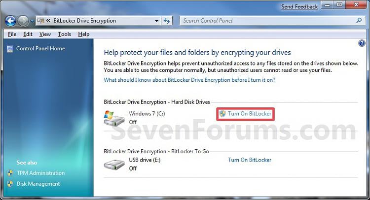 Bitlocker Drive Encryption Windows 7 Drive Turn On Or Off With No Tpm Tutorials
