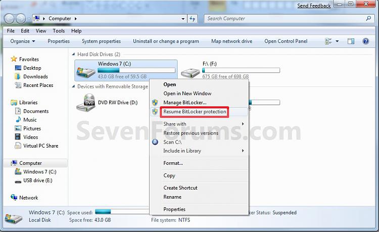 Bitlocker Drive Encryption Suspend Or Resume Protection On Windows 7 Drive Tutorials