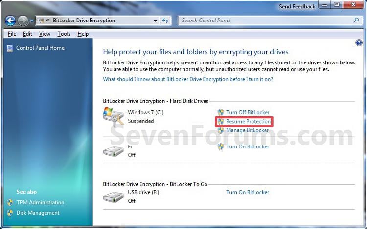 Bitlocker Drive Encryption Suspend Or Resume Protection On Windows 7 Drive Tutorials