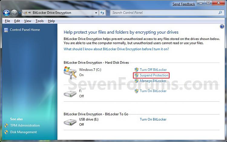 Bitlocker Drive Encryption Suspend Or Resume Protection On Windows 7 Drive Tutorials